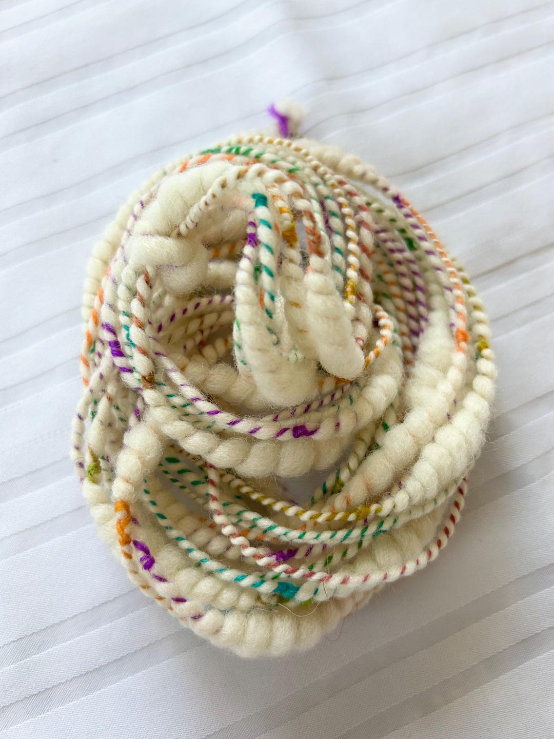 Handspun “rainbow” Coiled Art Yarn-thick & Thin 2ply - White Coils ...