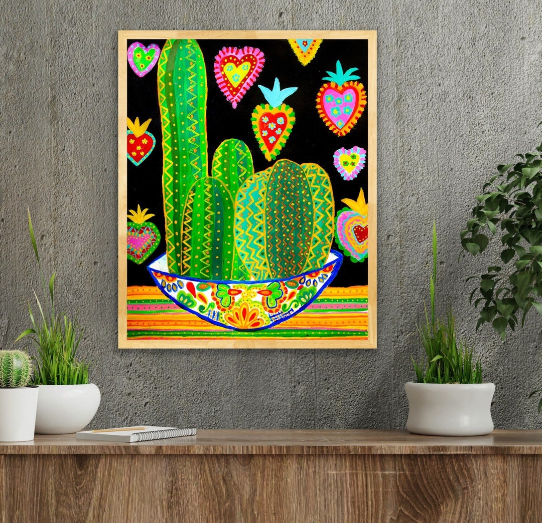 Folk Art Cactus, Mexican Folk Art Print, Folk Art Painting Cacti ...