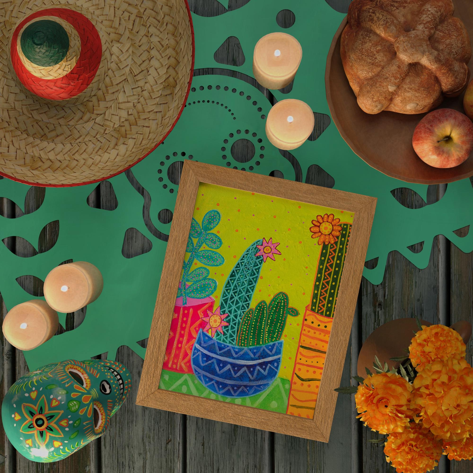 Folk Art Painting Cacti, Mexican Cactus Poster, Colorful Still Life ...