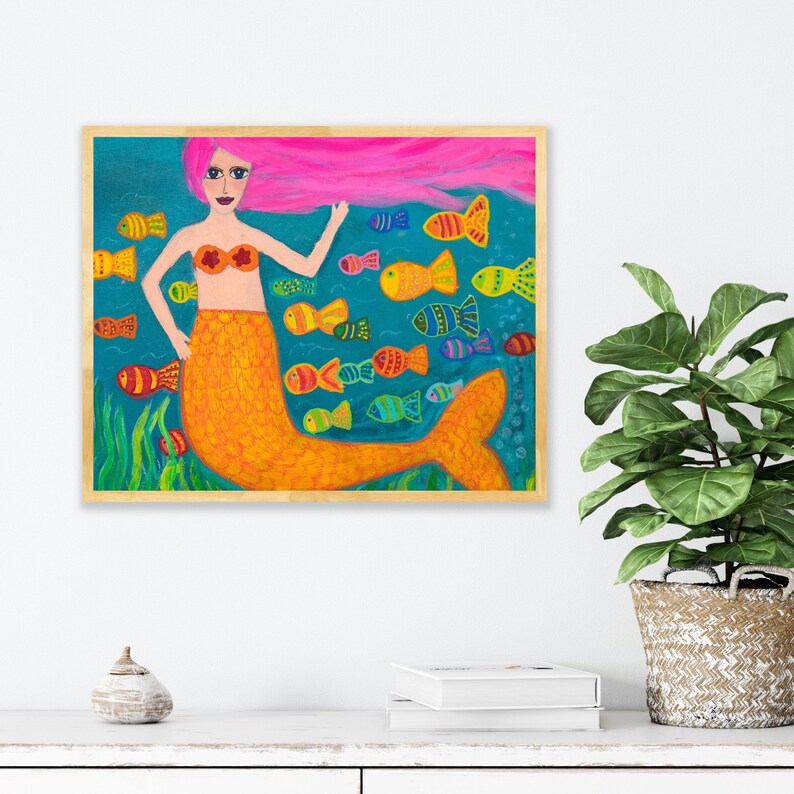 Boho Mermaid Wall Art, Colorful Folk Art Painting Print, Boho Mermaid ...