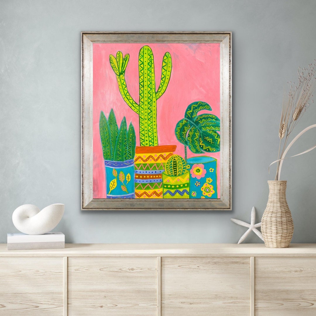 Whimsical Folk Art Painting Cacti on Paper, Original Cactus Painting ...
