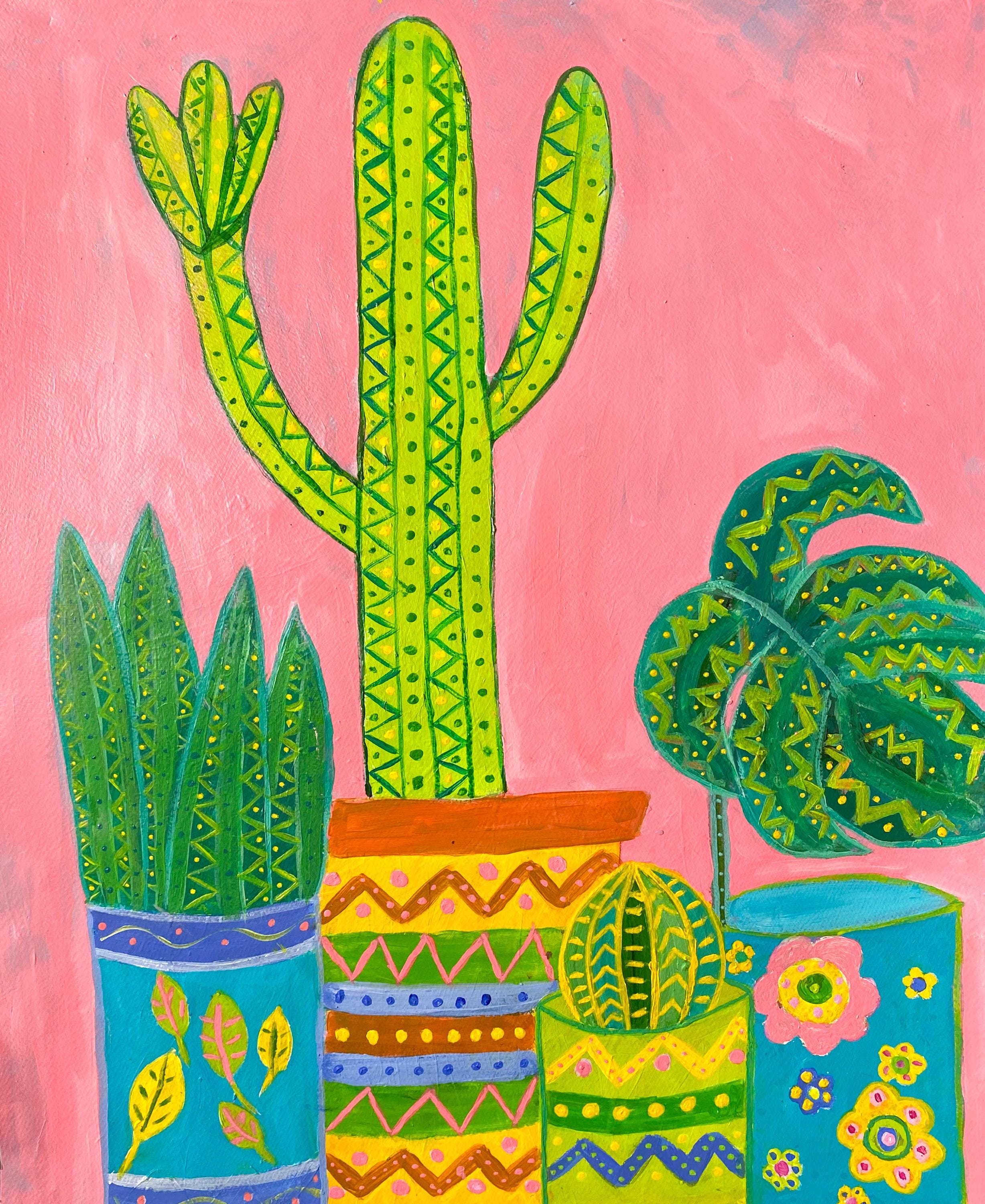 Whimsical Folk Art Painting Cacti on Paper, Original Cactus Painting ...