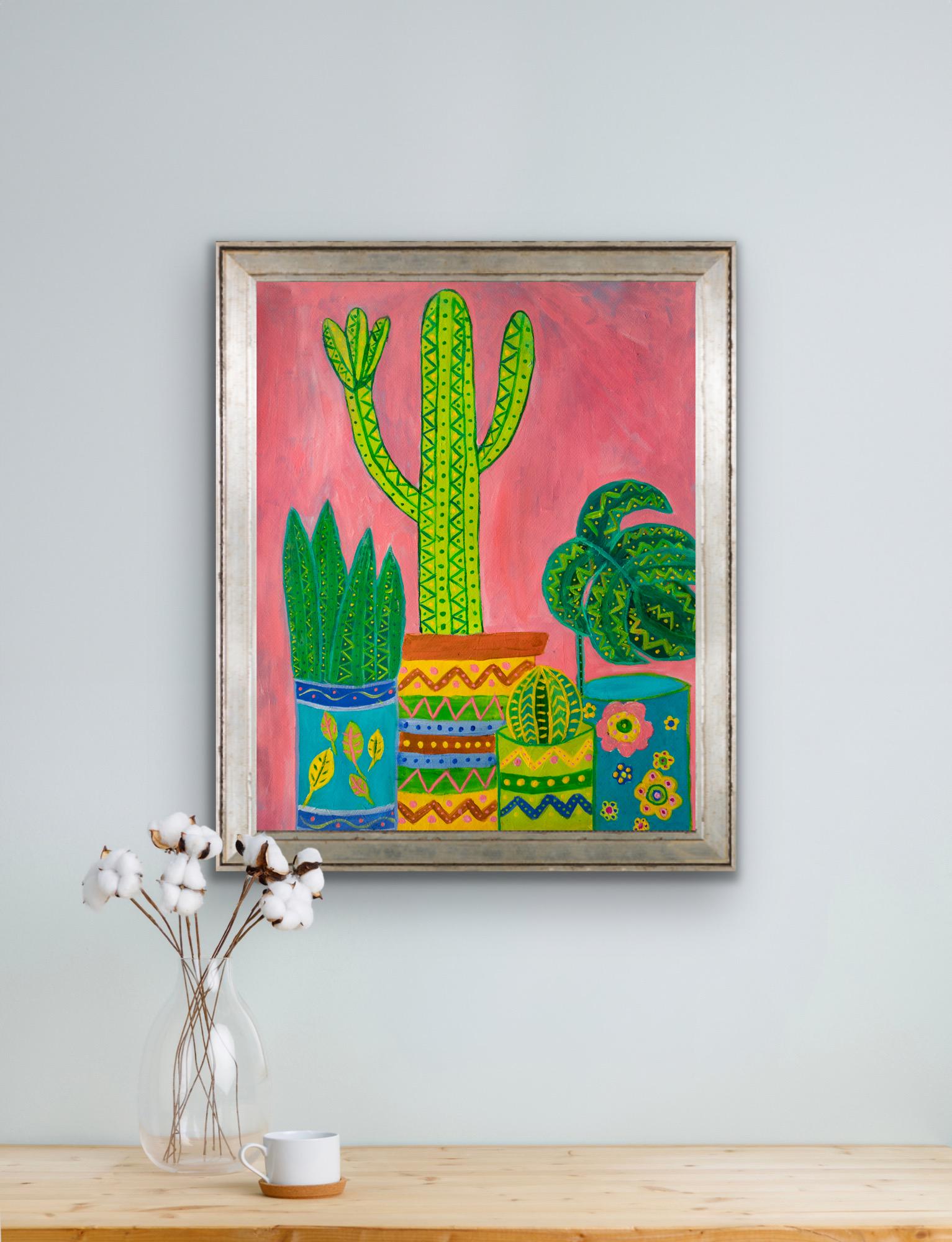 Whimsical Folk Art Painting Cacti on Paper, Original Cactus Painting ...