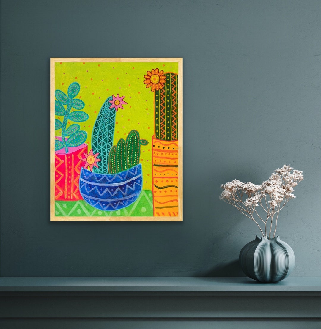 Folk Art Painting Cacti, Mexican Cactus Poster, Colorful Still Life ...