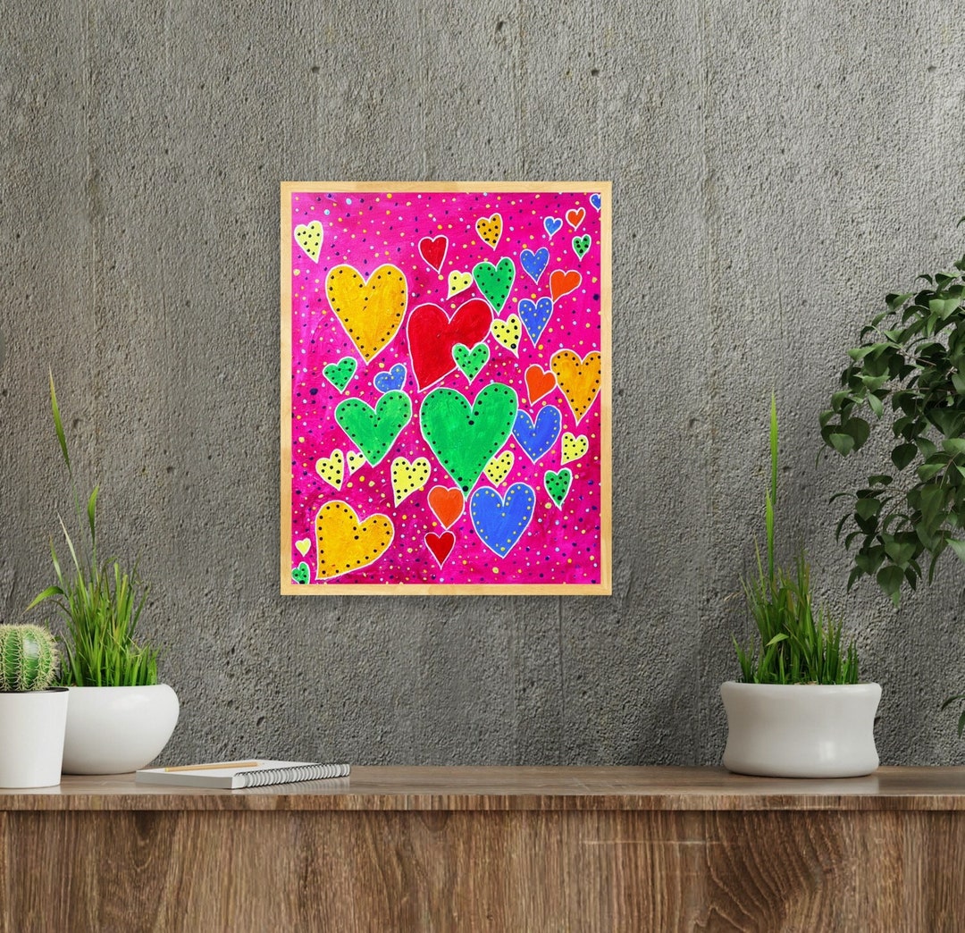 Colorful Heart Painting, Folk Art Painting, Colorful Boho Print ...