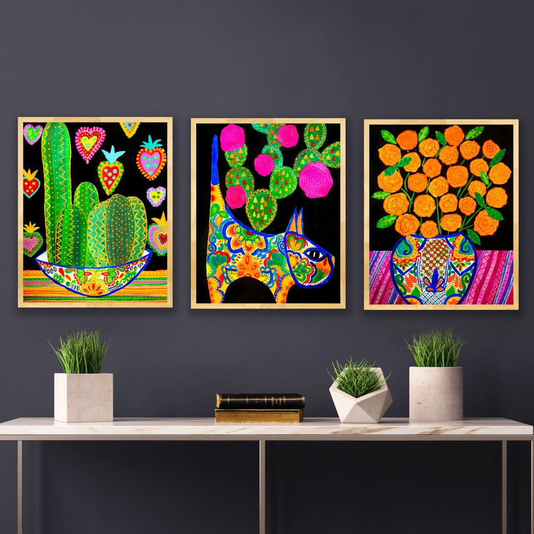 Folk Art Painting Cacti, Mexican Folk Art Prints, Boho Wall Art Set of ...
