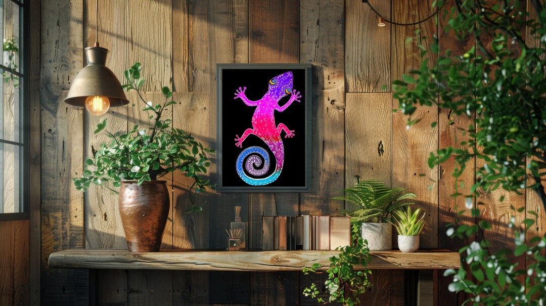 Gecko Painting, Folk Art Animals, Gecko Print, Colorful Tropical Wall ...
