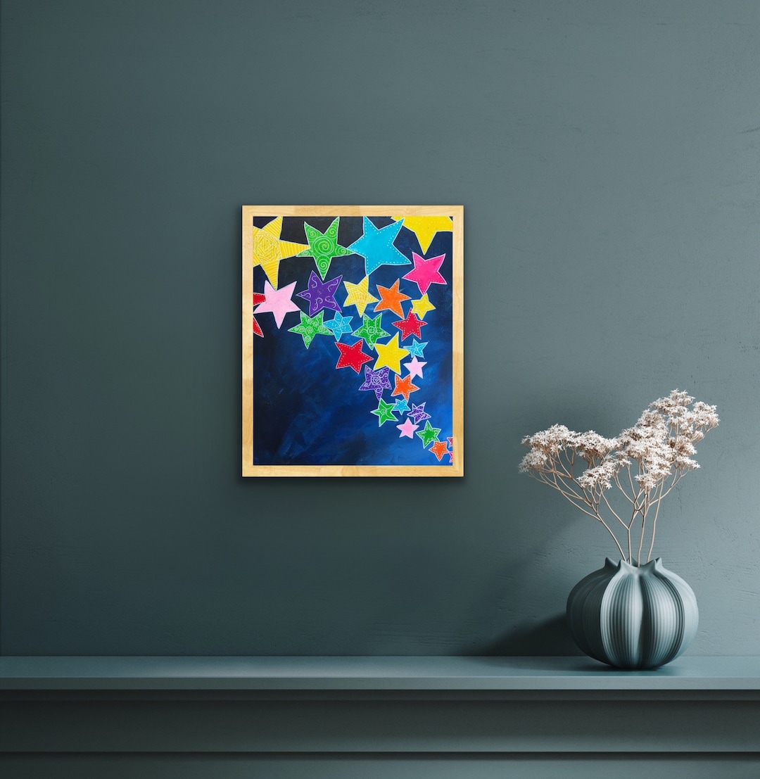 Whimsical Folk Art Print Stars Cottage Core Boho Wall Art Maximalist ...