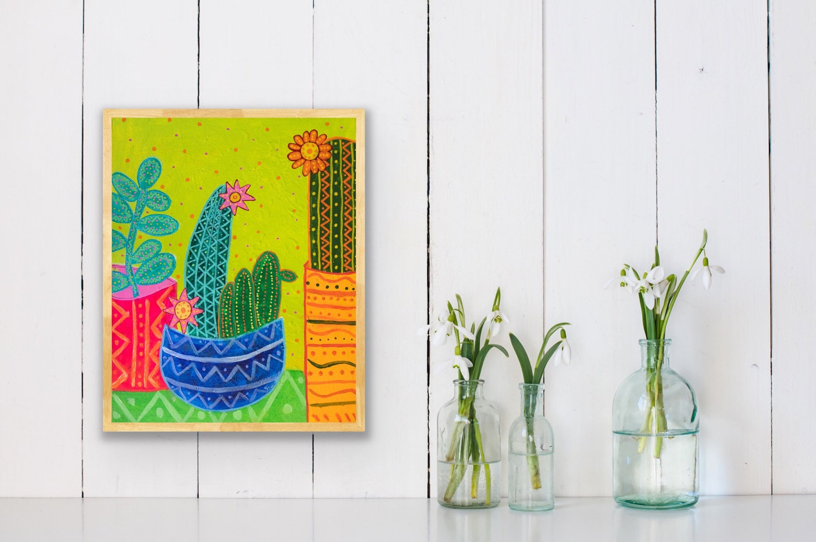 Folk Art Painting Cacti, Mexican Cactus Poster, Colorful Still Life ...