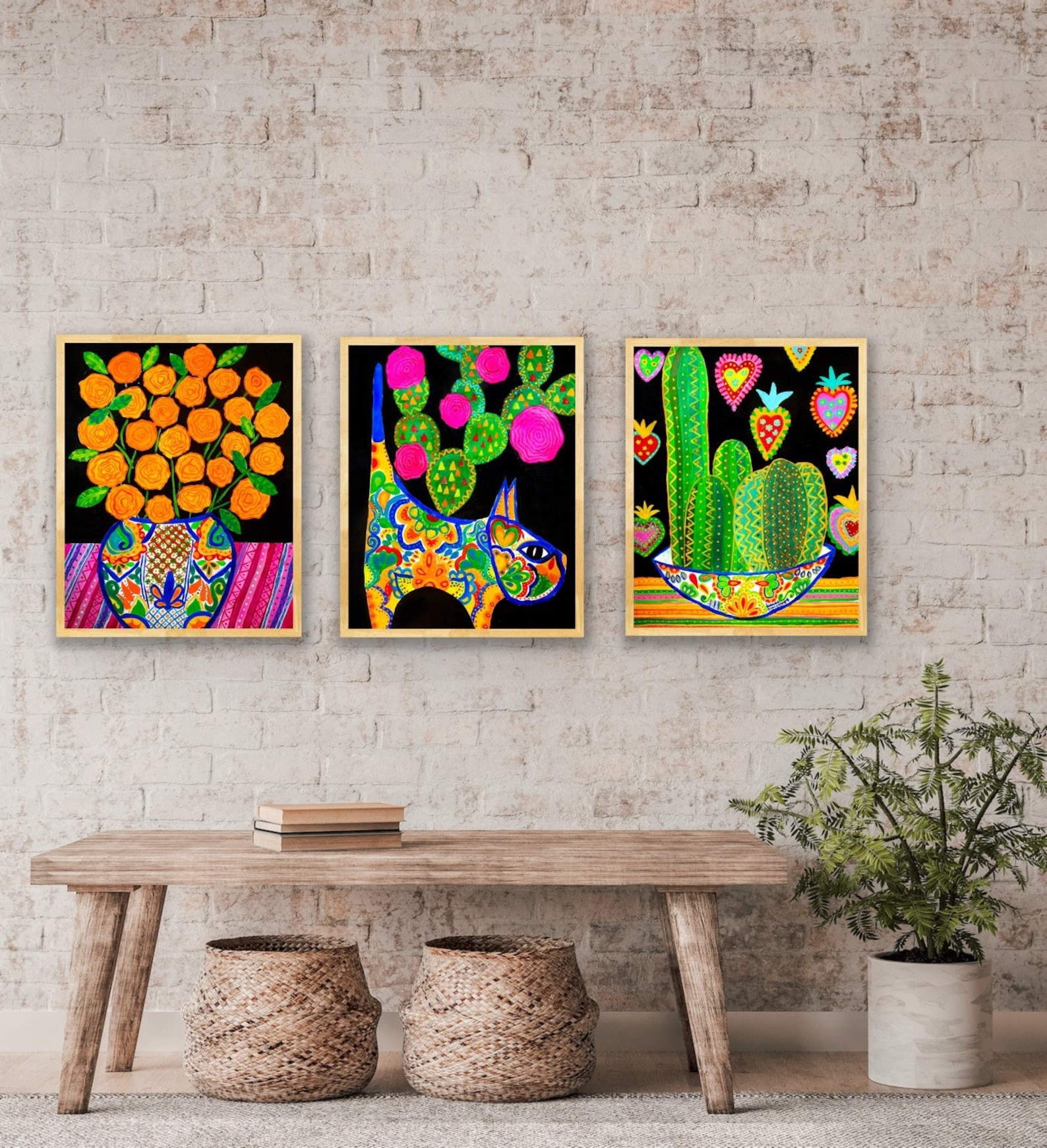Folk Art Painting Cacti, Mexican Folk Art Prints, Boho Wall Art Set of ...