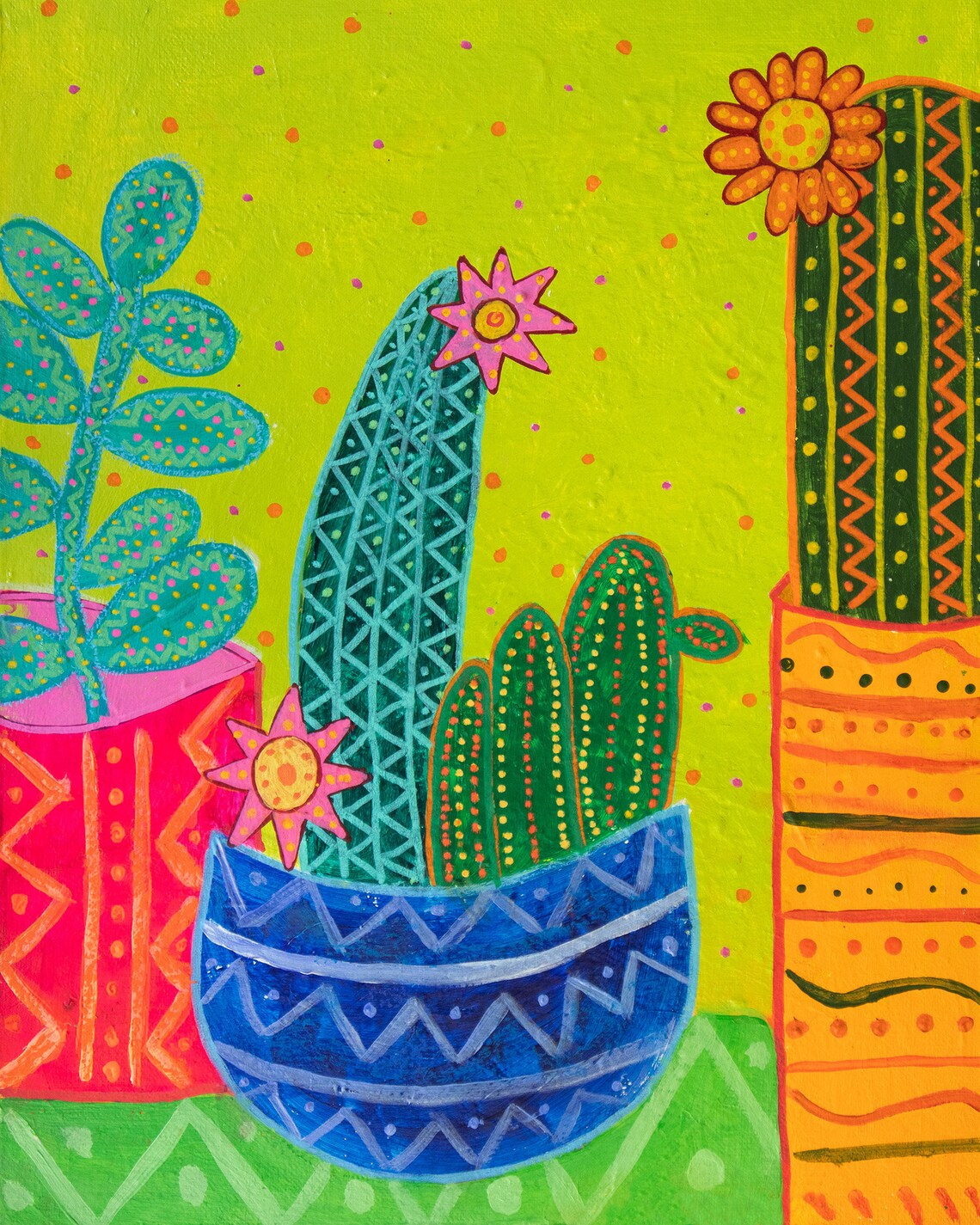 Folk Art Painting Cacti, Mexican Cactus Poster, Colorful Still Life ...