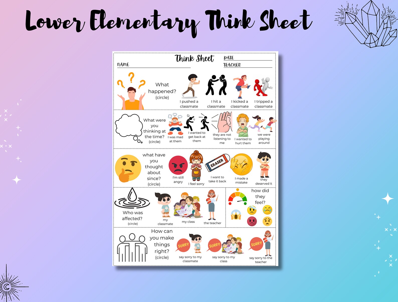 Lower Elementary Think Sheet - Restorative Questions - Etsy