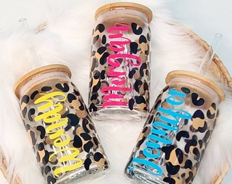 Personalized Leopard Print Glitter Stemless Wine Glass - Etsy