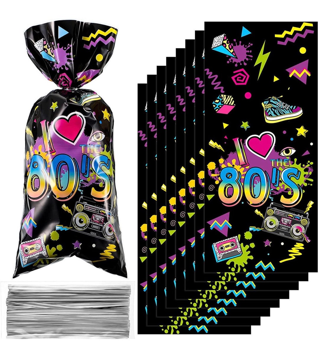 1980s Party Cellophane Bags, 80s Gift Treat Bag Goodie Candy, I Love ...