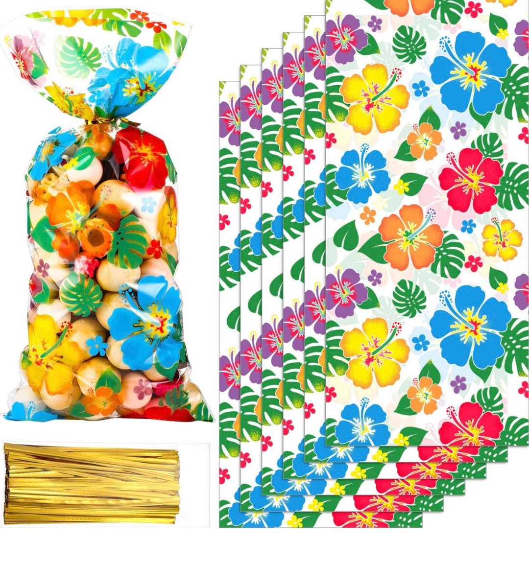 Hawaiian Luau Cellophane Treat Bags, Summer Tropical Aloha Candy Bags ...