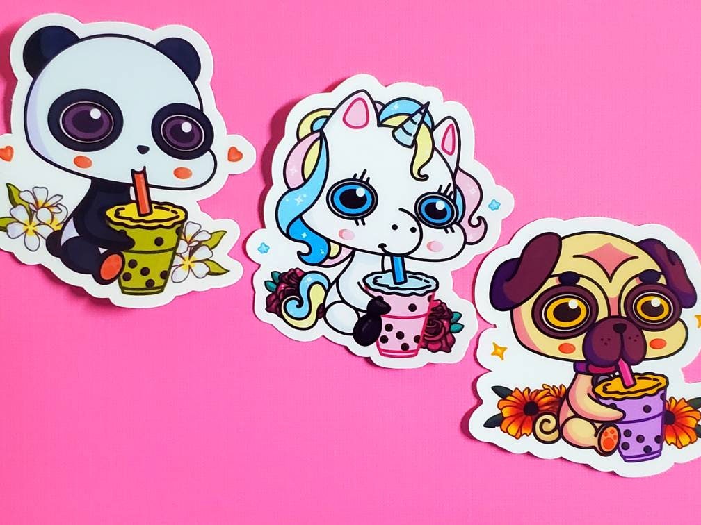 Boba Animal Stickers | Panda | Unicorn | Pug - Etsy Australia