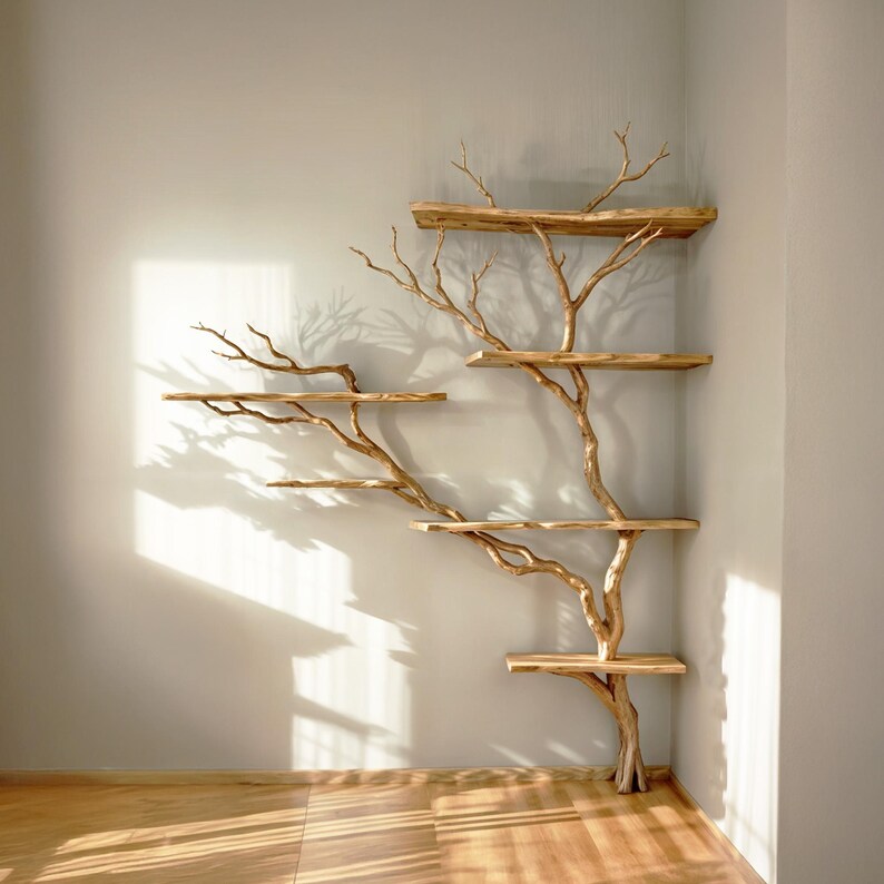 Tree Branch Bookshelf Decorations Corner Wall Mount Solid Wood Floor ...