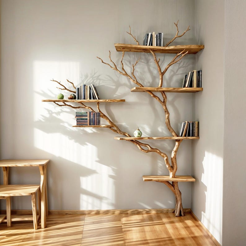 Tree Branch Bookshelf Decorations Corner Wall Mount Solid Wood Floor ...