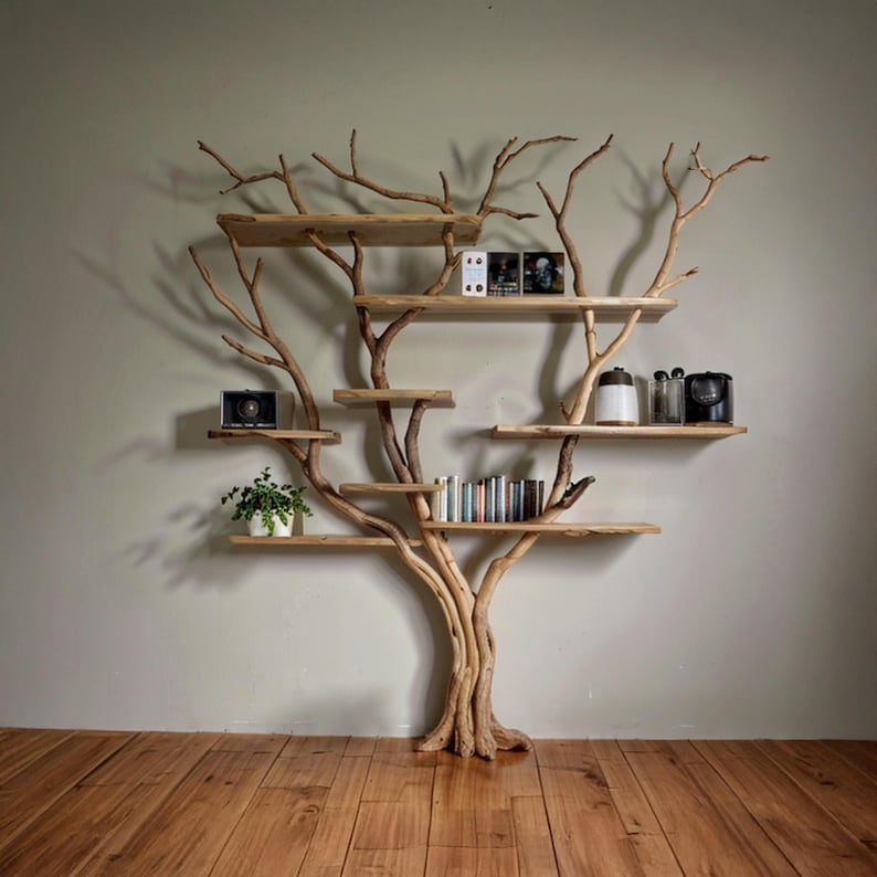Tree Branch Bookcase Art Solid Wood Floating Book Shelf Wall Mount ...