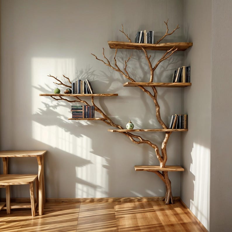 Tree Branch Bookshelf Decorations Corner Wall Mount Solid Wood Floor ...