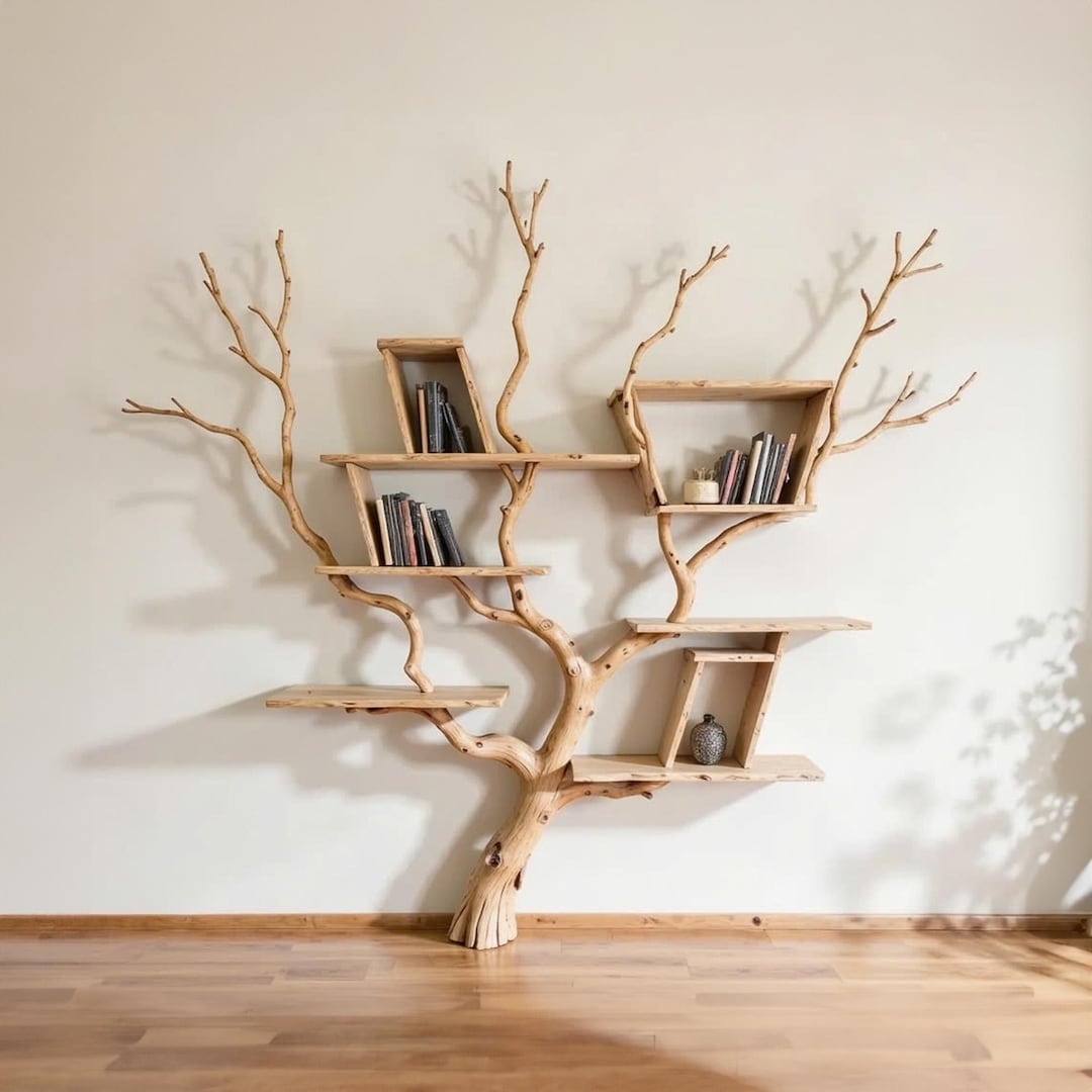 Floating Bookshelf Tree Branch Bookcase Hanging Shelves Solid Wood Wall ...