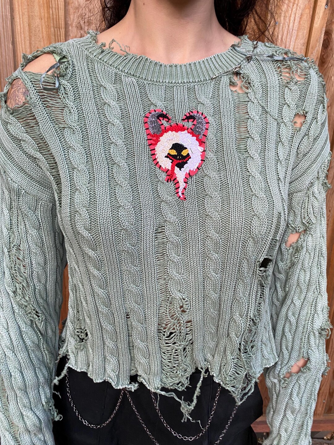 Hand Embroidered krampus Baby Patch Sewn Onto Distressed Knit Sweater ...