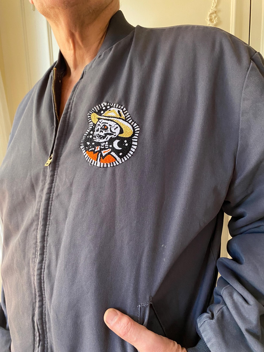 Hand Embroidered skeleton Cowboy Patch Sewn Onto Redcap Jacket - Etsy