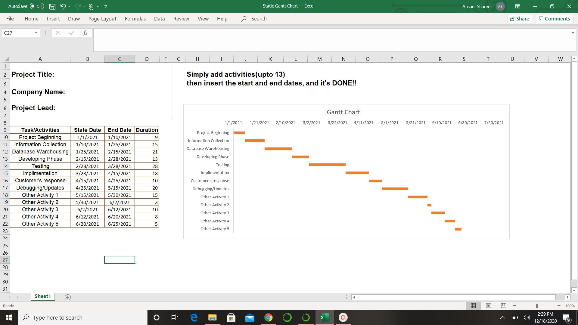 Minimalist Gantt Chart, Gantt Chart Template, - Etsy