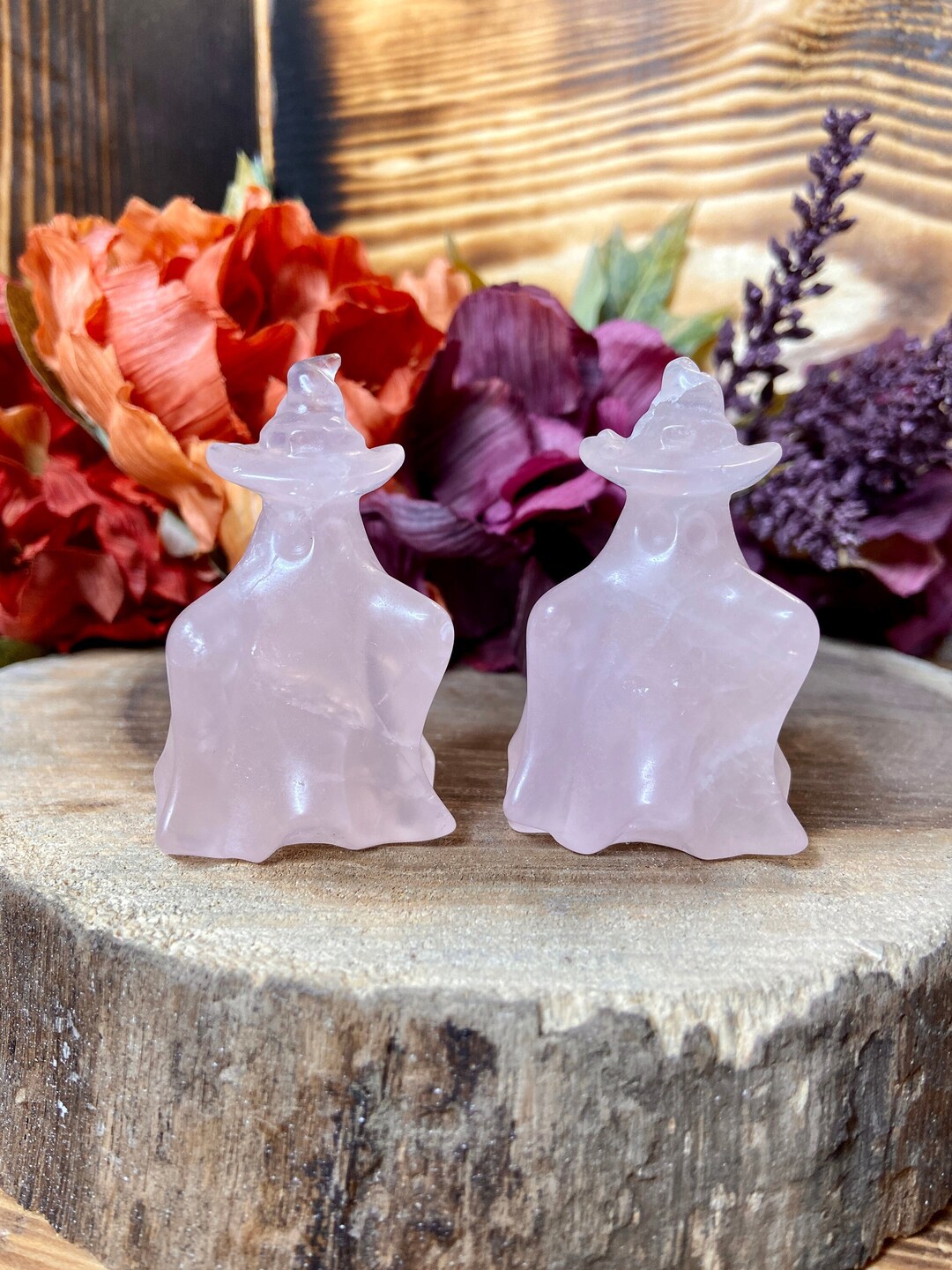 Rose Quartz Ghost With Witch Hat Carving, Crv335, Crystal Ghost Carving ...