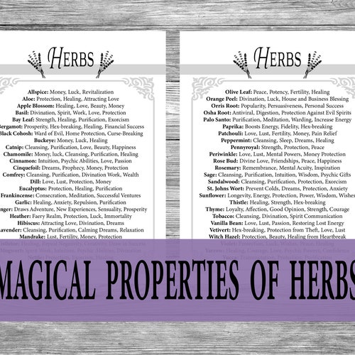 Herb Properties Journal Pages Herb Cheat Sheet Magical - Etsy