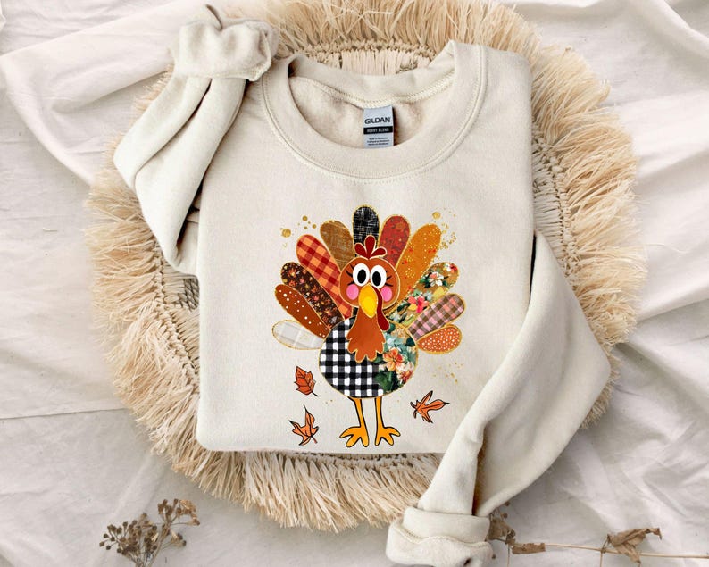Fall Sweatshirt, Faux Patchwork Turkey Sweatshirt, Thanksgiving Turkey ...