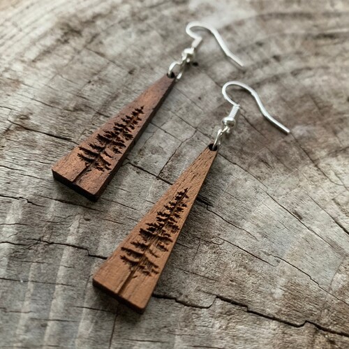 Wooden Dangle Earrings Slope Spruce Tree Laser Cut Jewelry Etsy