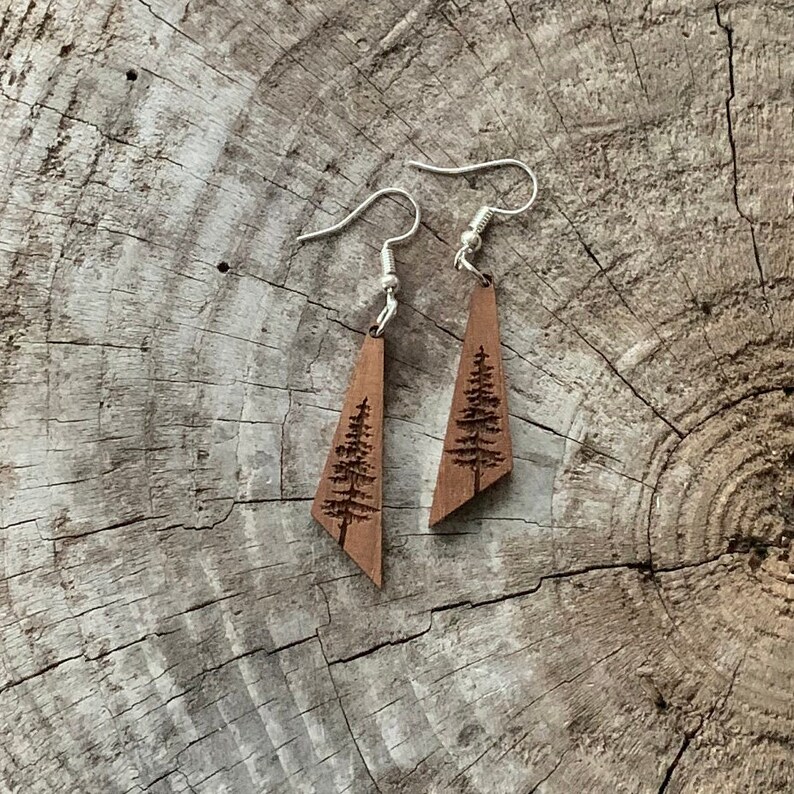 Wooden Dangle Earrings Slope Spruce Tree Laser Cut Jewelry - Etsy