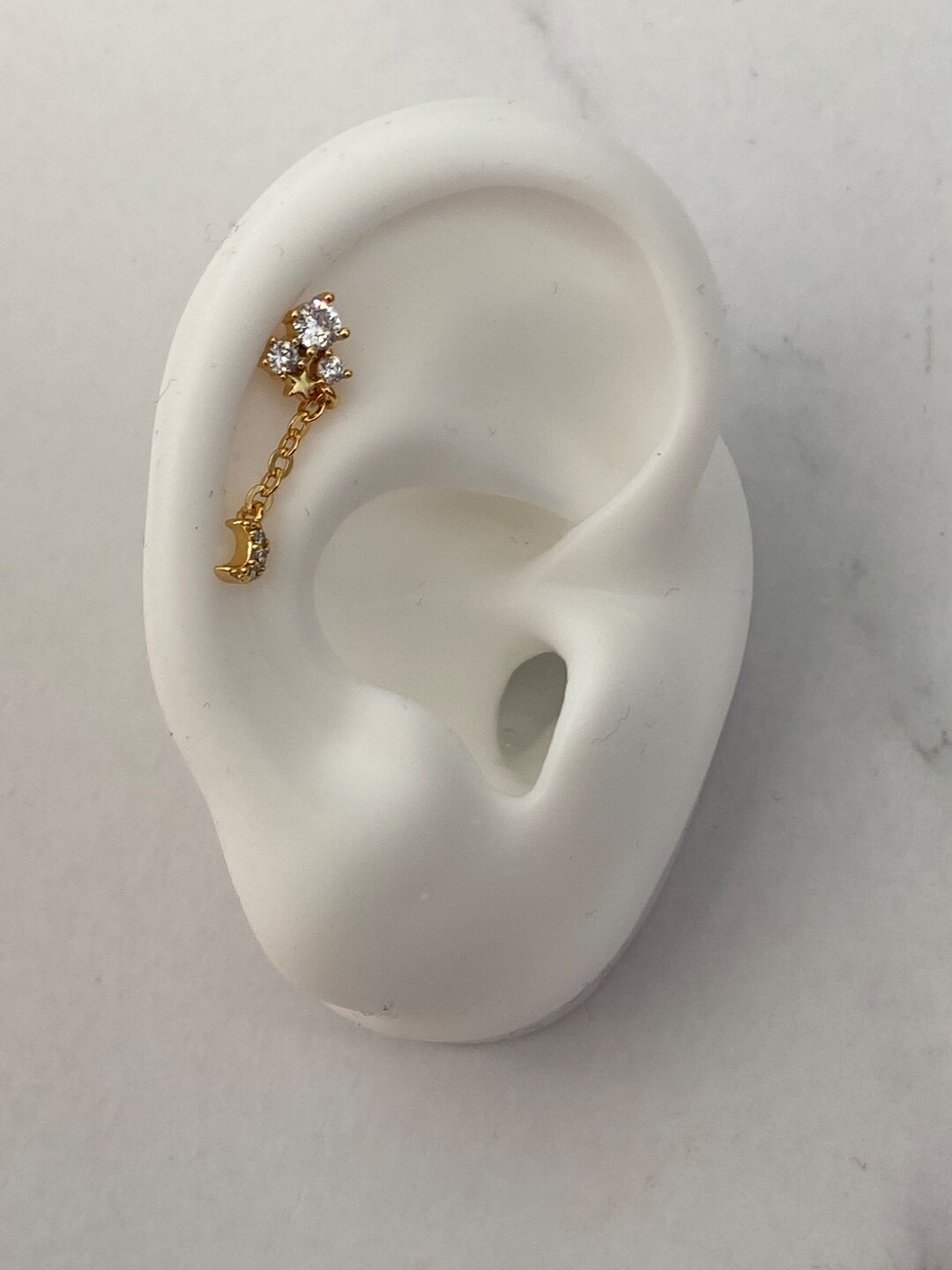 14K Gold Plated CZ Zirconia Mini Star Cluster Dangly Moon Stud Through ...