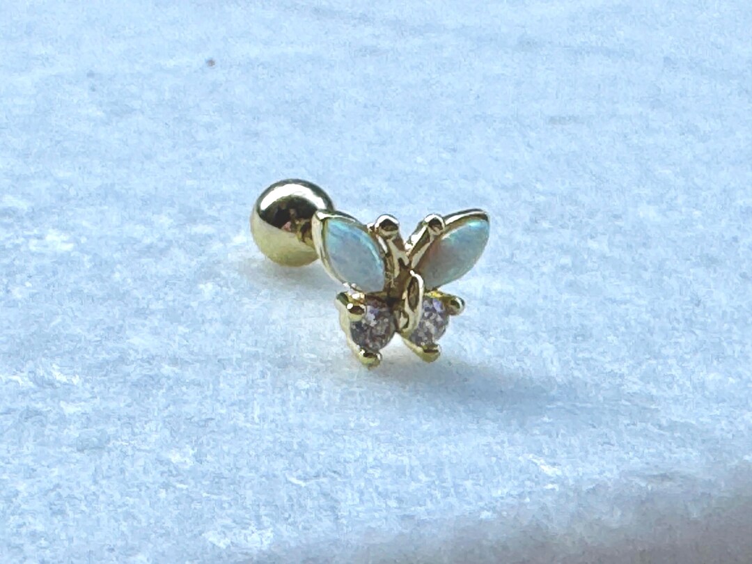 14K Gold Plated Stainless Steel Lab White Opal CZ Butterfly Wing Stud ...