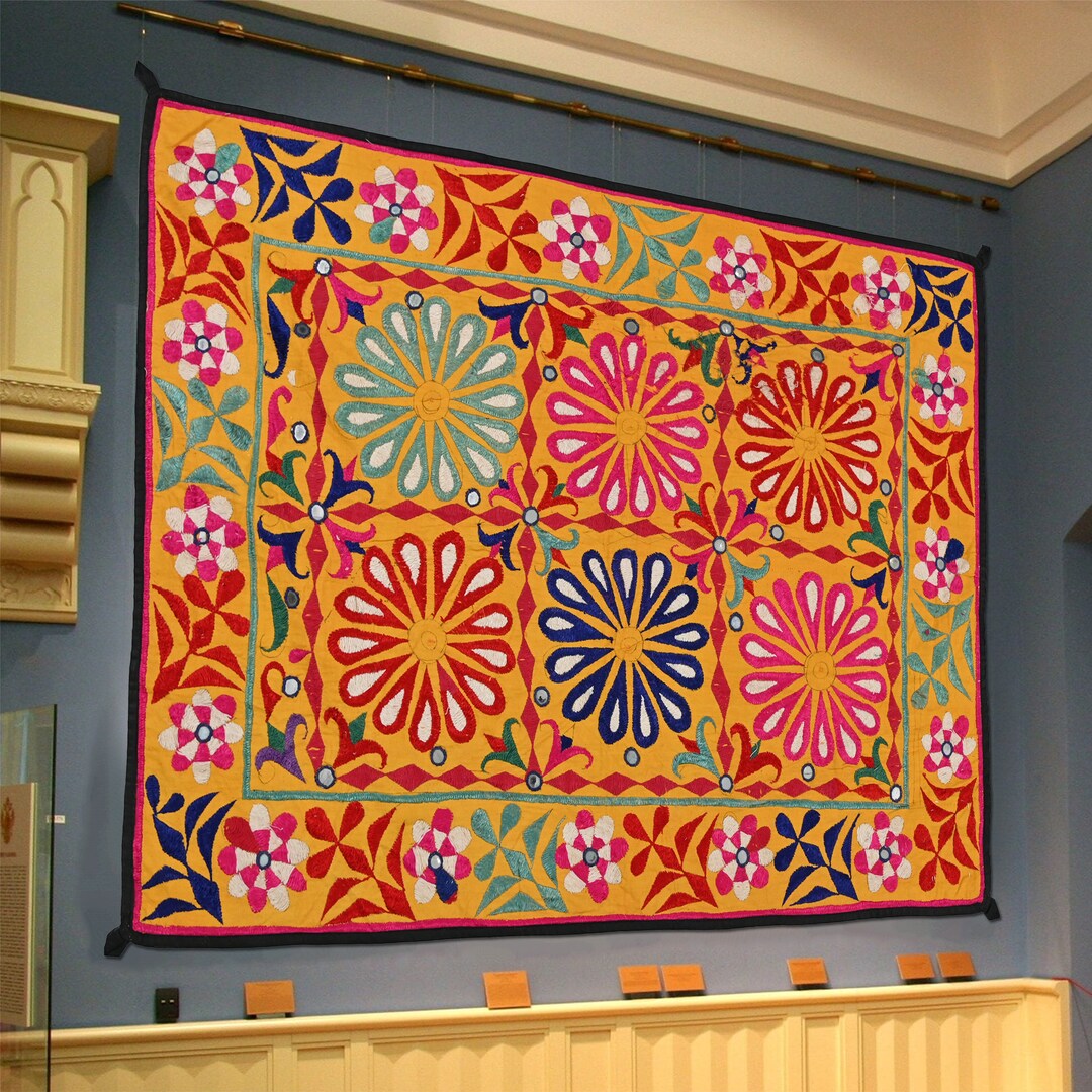 Vintage Hand Embroidery Large Above-the-bed Tapestry, Cotton Silk ...