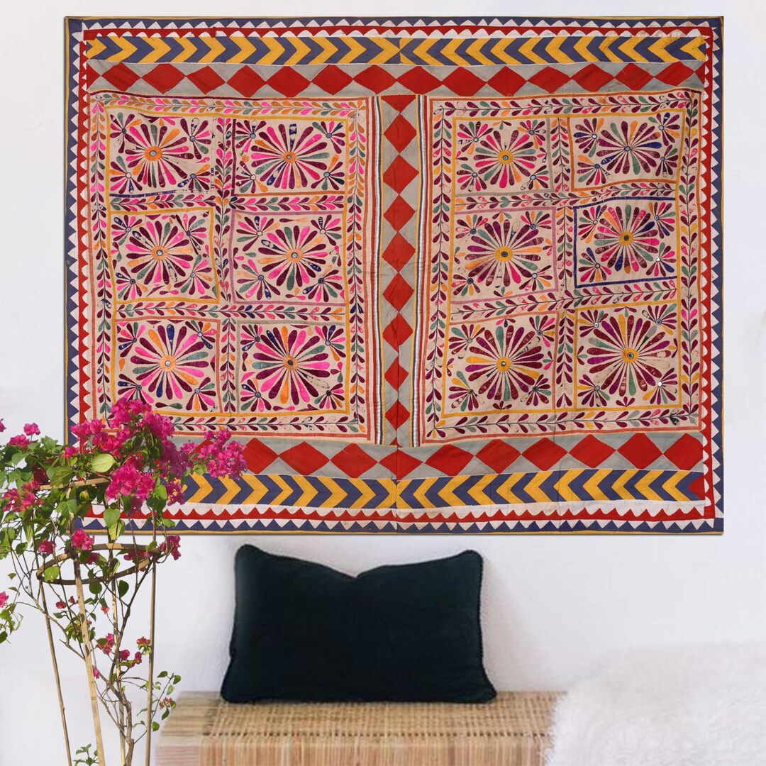 Vintage Hand Embroidered Indian Fabric Gujarati Textile Cotton Mirror ...