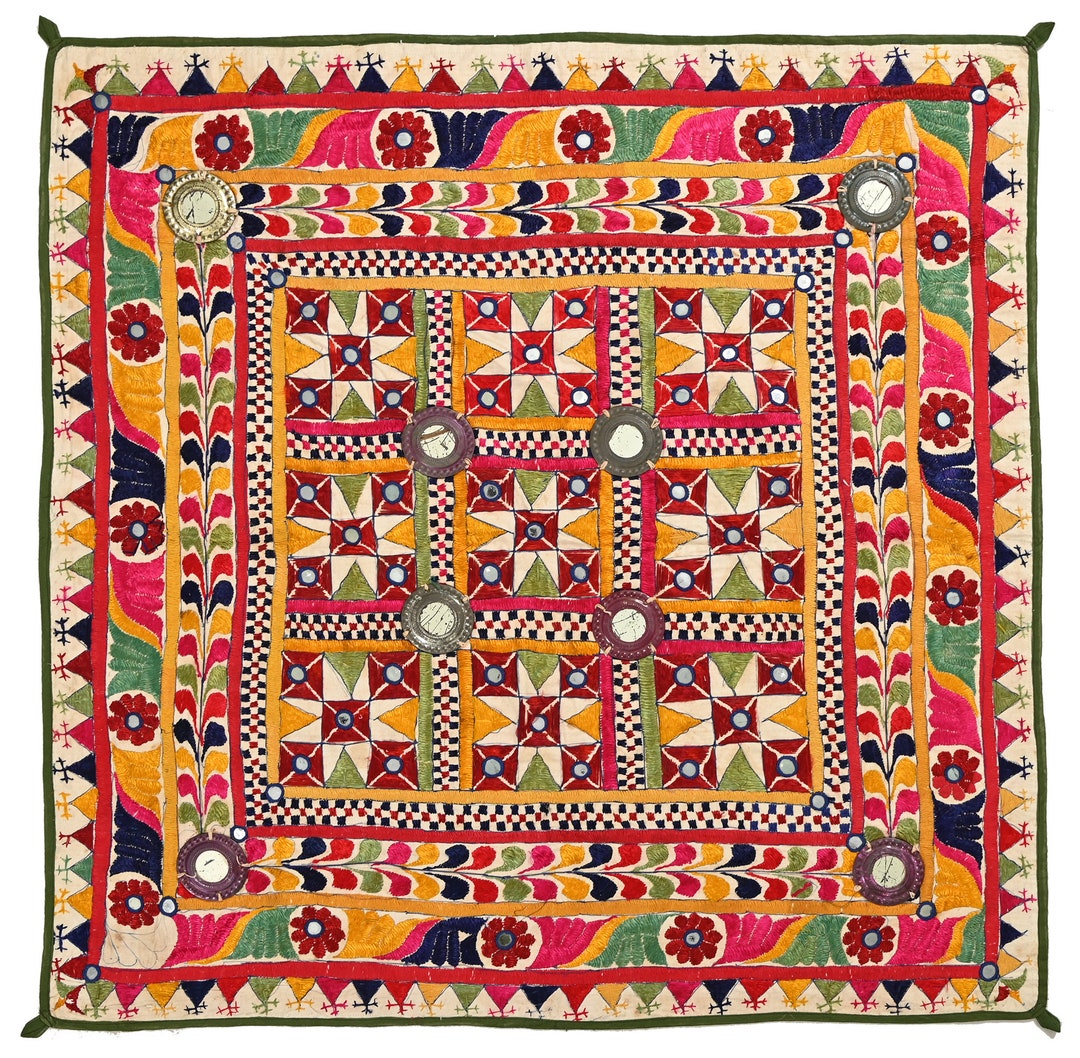 Wall Art Embroidered Mirror Work Tapestry Vintage Gujarati Textile ...