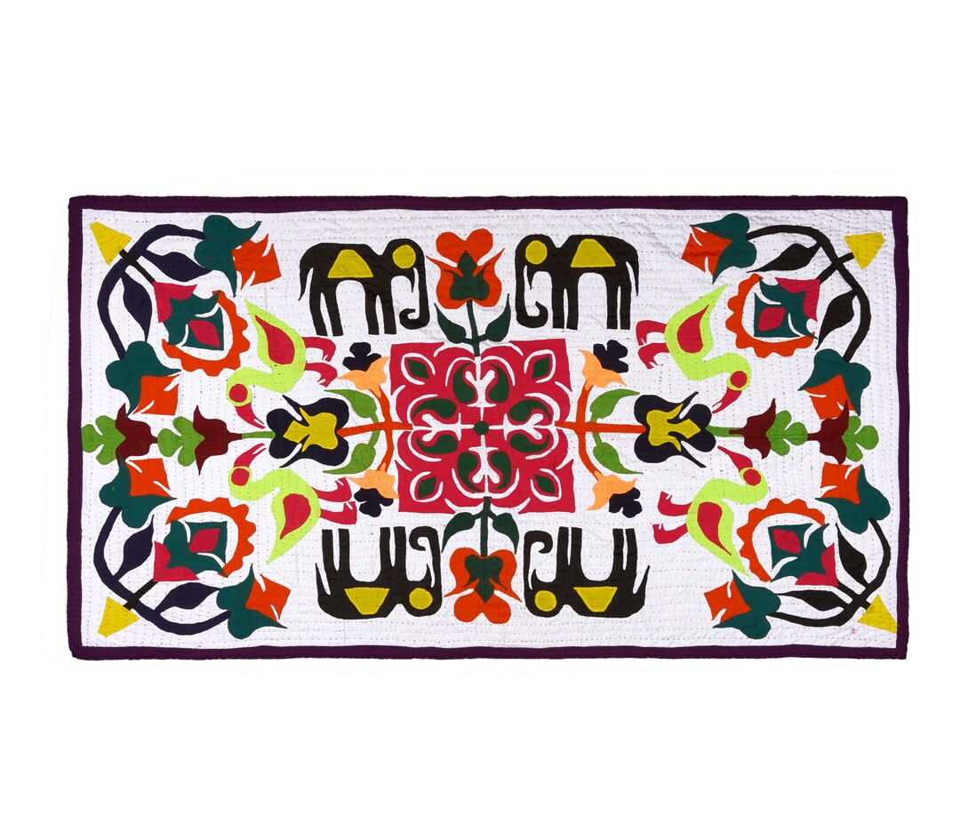 Vintage Indian Hand Embroidered Applique Tapestry, Elephant Art Wall ...