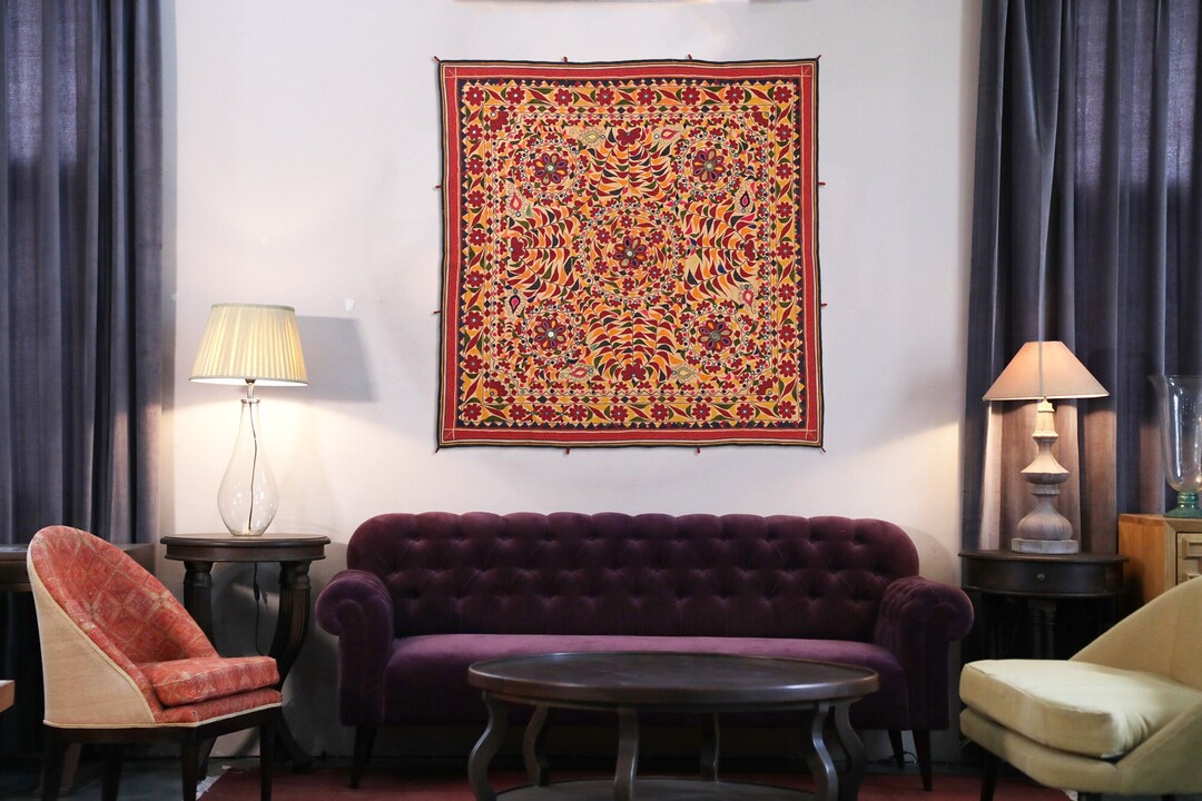 Gujarati Antique Textile Wall Decor Floral Embroidered Tapestry Table ...