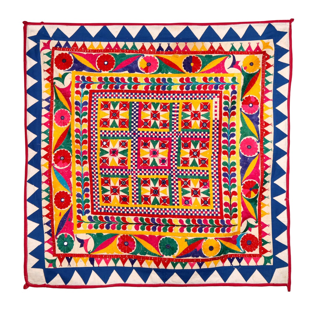 Vintage Floral Motifs Gujarati Hand Embroidered Textile Traditional ...