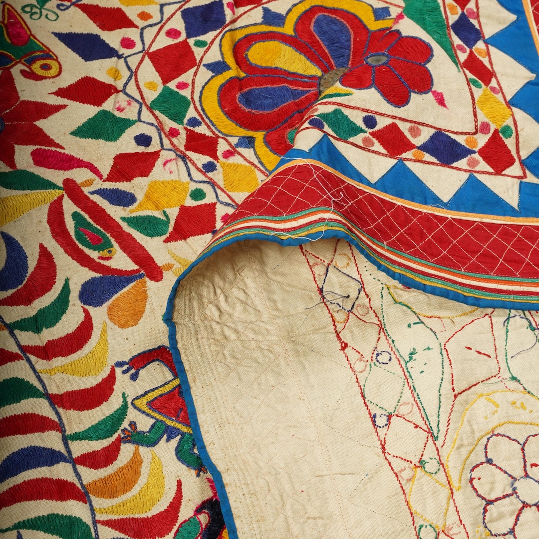 Vintage Handcrafted Gujarati Tapestry Cotton Mirror Work Multi Colored ...