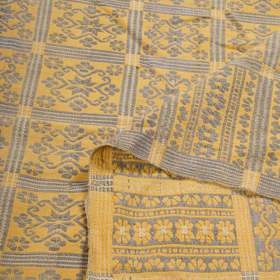 Vintage Mustard Yellow Handloomed Throw Blanket Reversible Cotton Mud ...