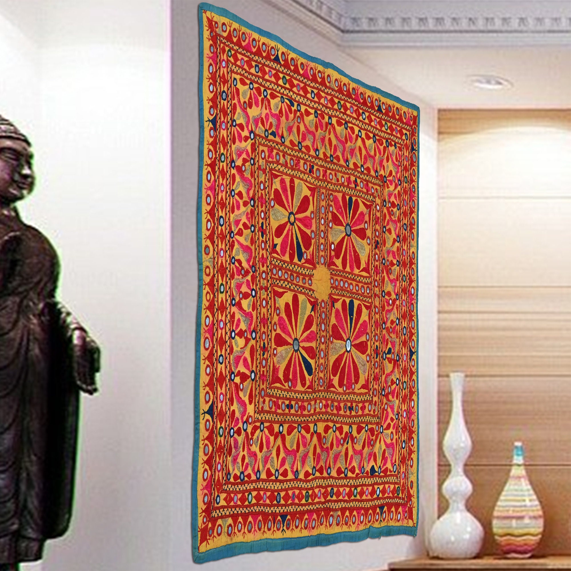 Embroidered Textile Indian Gujarati Handmade Tapestry Vintage Tribal ...