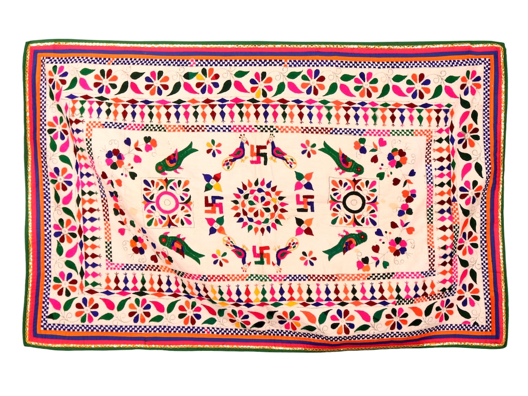 Vintage Bird Motifs Gujarati Hand Embroidered Textile Traditional ...