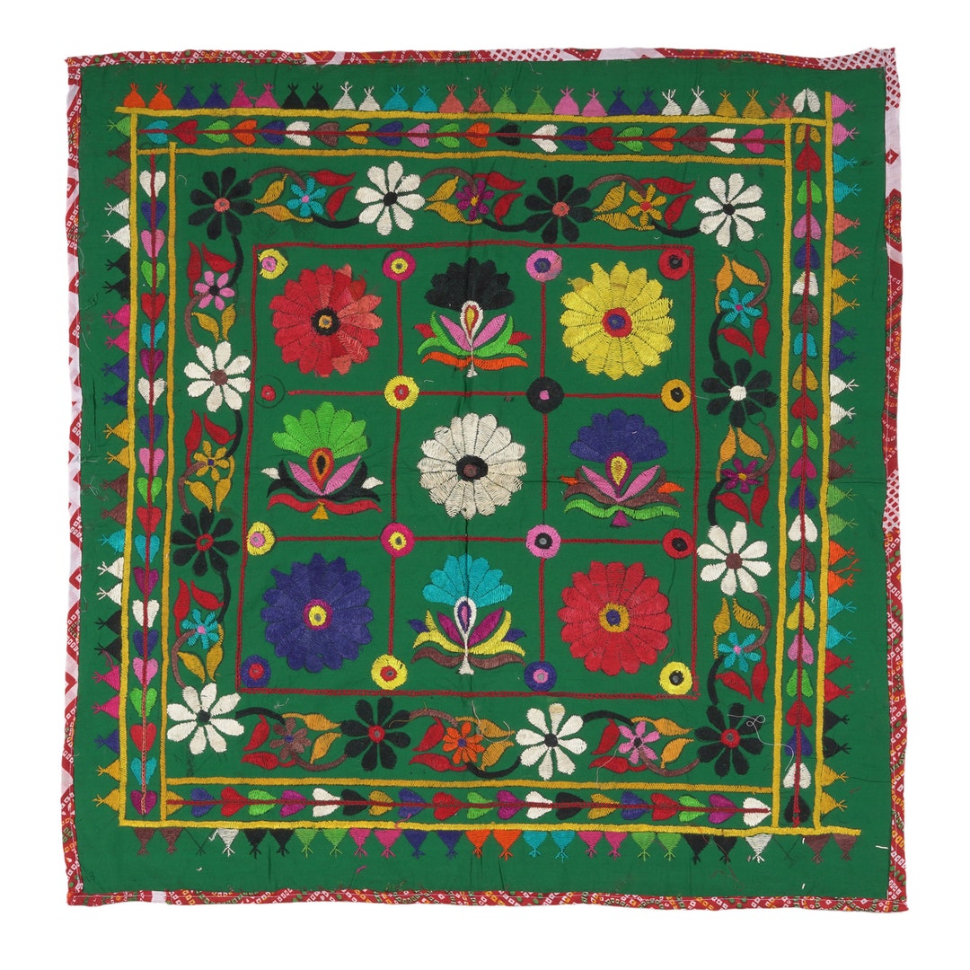 Vintage Hand Embroidered Flower Motifs Gujarati Textile Banjara Wall ...