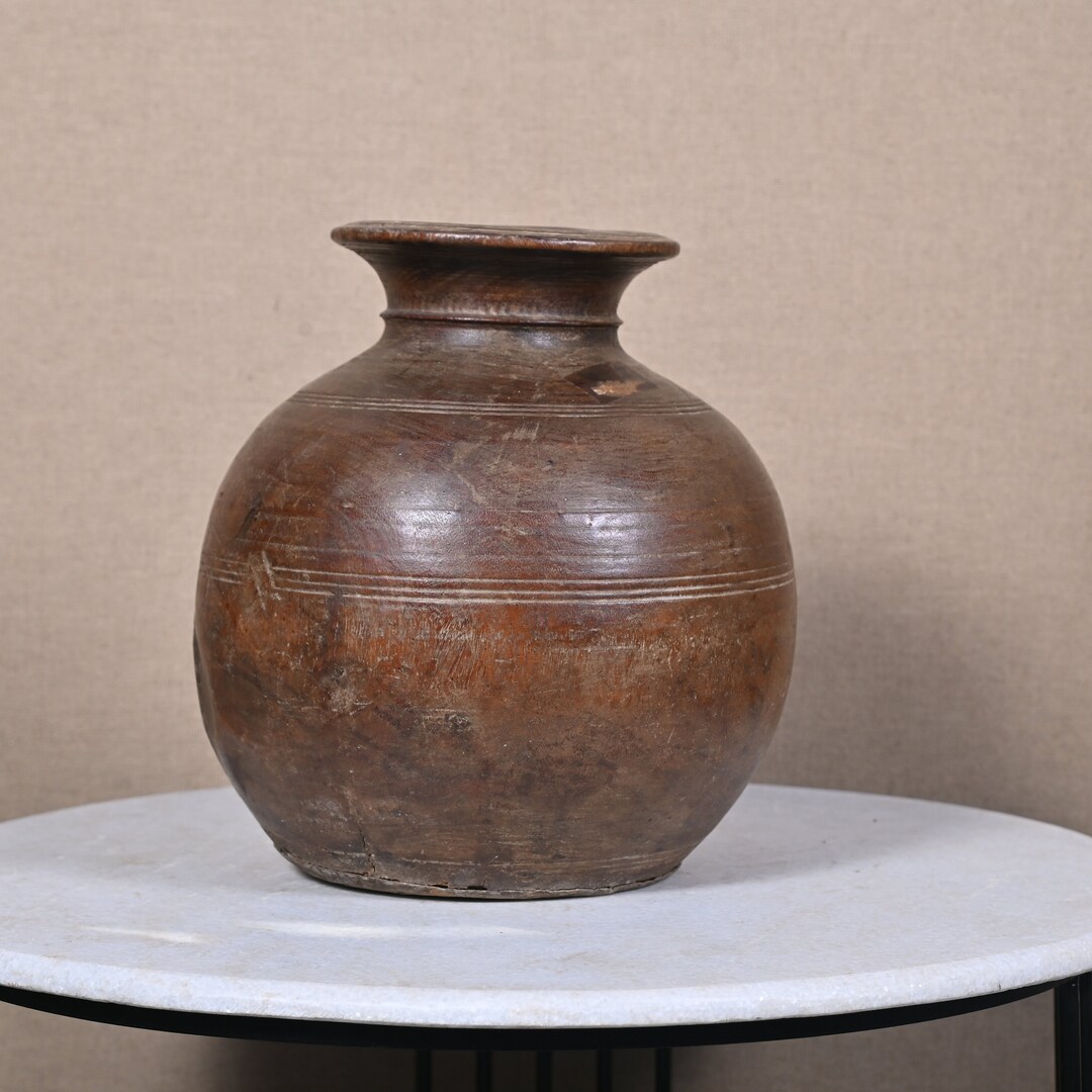 Original Old Hand Carved Rustic Water Pot Matka Wooden Round Pot ...