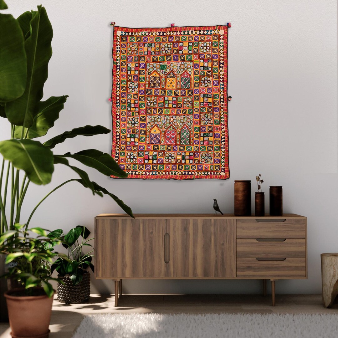 Vintage Large Boho Hand Embroidered Tapestry, Mirror Silk Thread Work ...