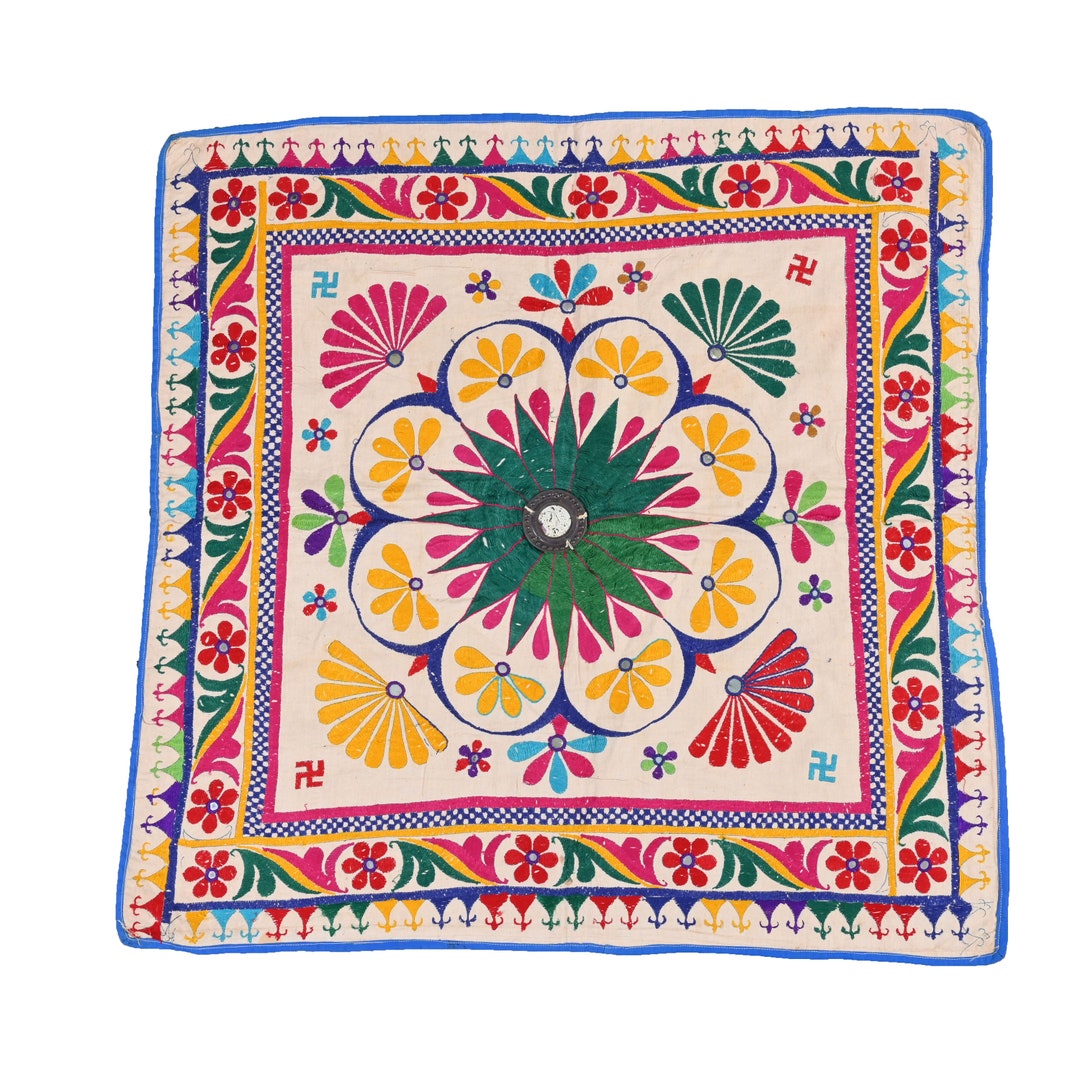 Flower Motifs Vintage Hand Embroidery Gujarati Textile Banjara Wall ...