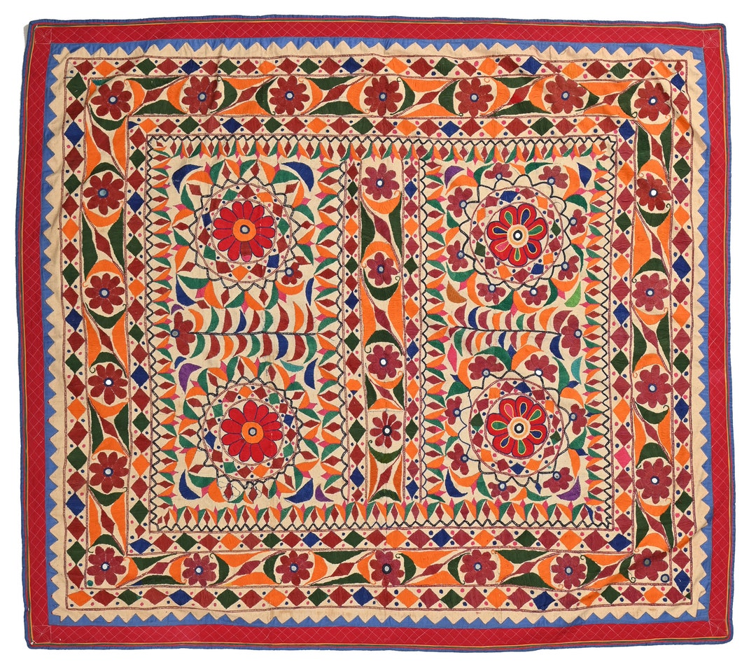 Indian Hand Embroidered Flower Design Mirror Work Tapestry Gujarati ...
